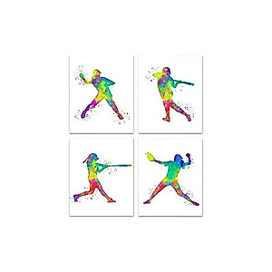 Softball Player Sport Abstract Wall Art Print 8x10, Set of 4, Includes Catcher and Pitcher, Teen Girl Bedroom Dorm Room Decor, Ideal for Teacher, Coach, Fan, Club Award Night