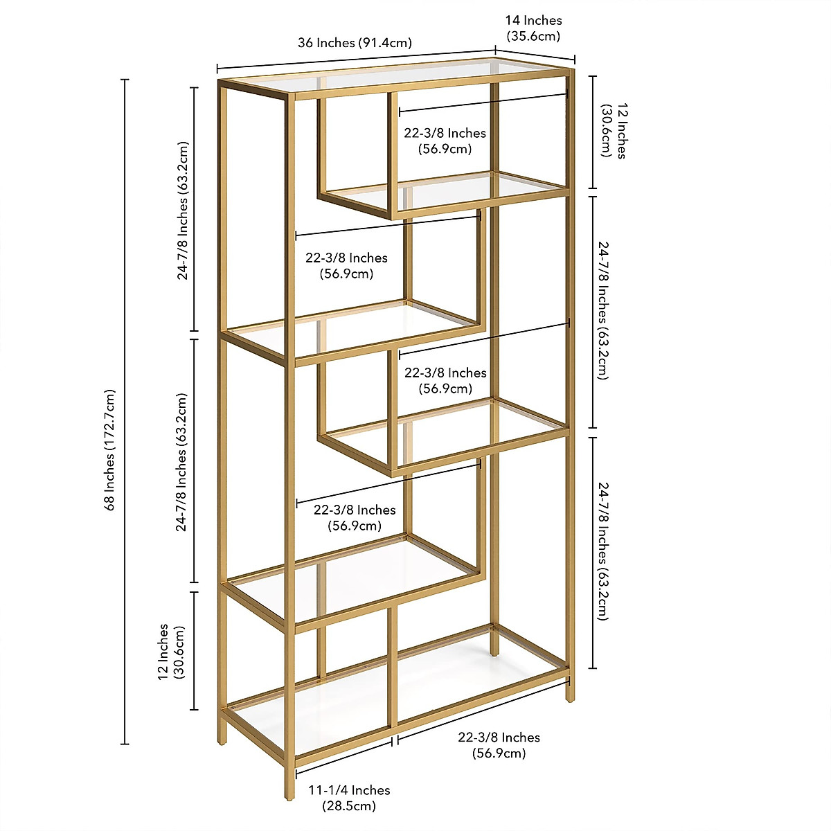 Isla 68'' Tall Rectangular Bookcase in Gold