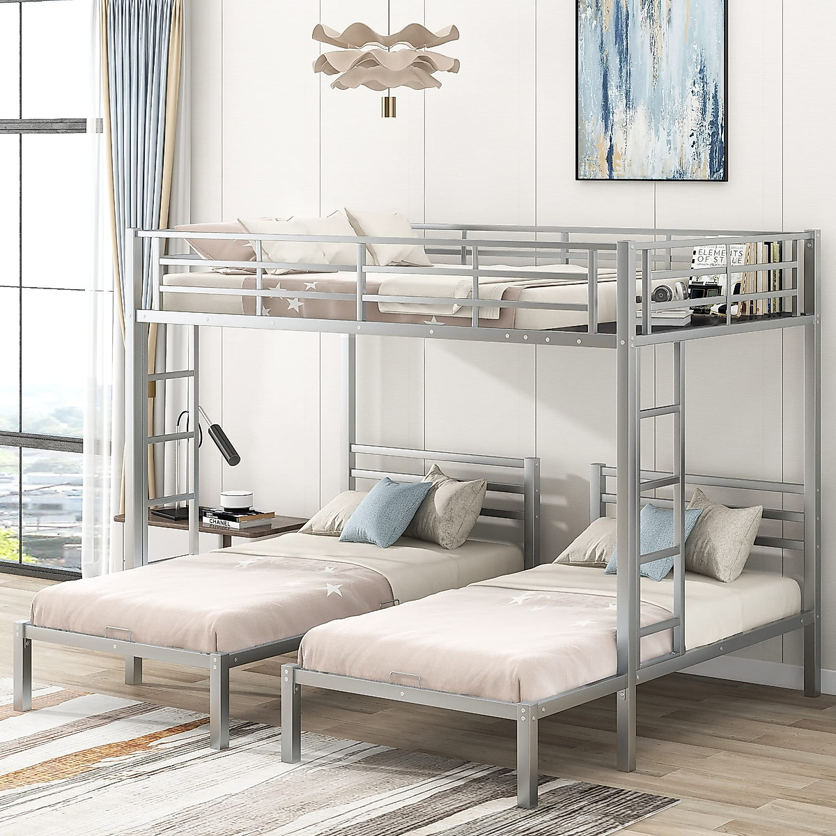 RUNWON Meta L Shaped Triple Bed, Solid Full Over Twin&Twin Bunk Bedframe with Built-in Shelf and 2 Ladders for 3 Kids Teens