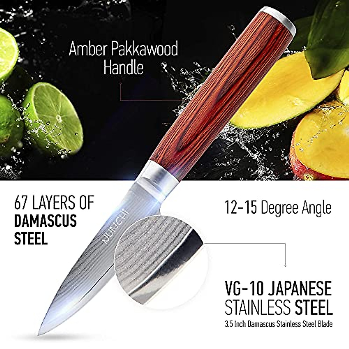 Damascus Paring Knife, 3.5 inch Japanese VG-10 Stainless Steel Super Sharp Small Kitchen Knives With Pakkawood Handle