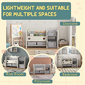 Qaba Kids Toy Storage, 2 Tier Toy Organizer with 4 Storage Boxes & Bookshelves for Kids Room, Nursery, Playroom, Cream White