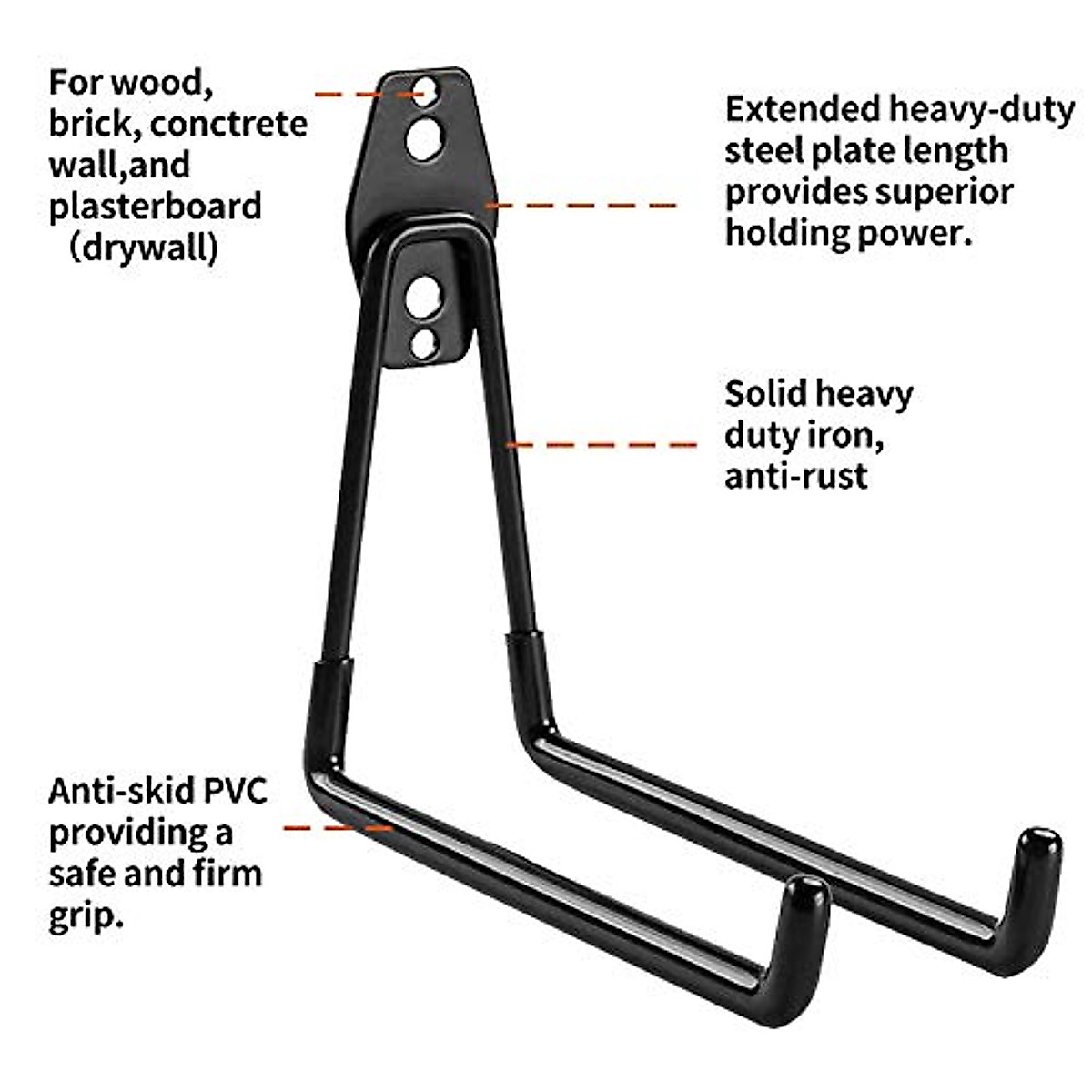 LIIBOT Bike Wall Garage Hooks - 2 Pack Heavy Duty Steel Anti-Slip Tool Double Hangers for Bike Garden Tools Ladders Bulky Items Storage (M (U-Shaped), Black)