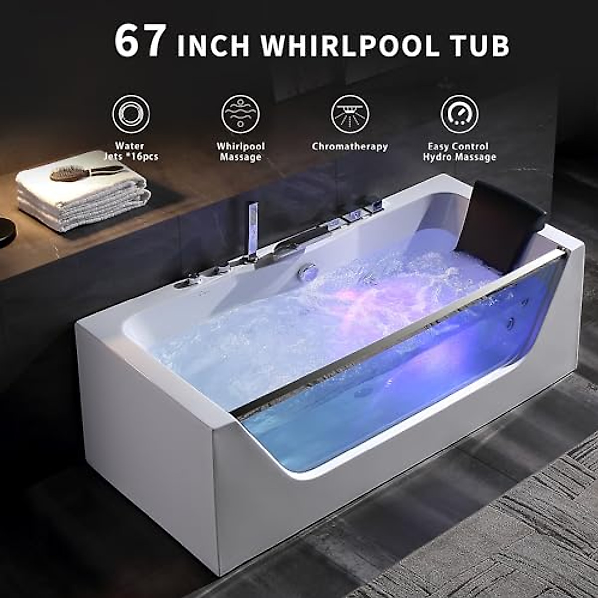 Empava 67 in. Acrylic Alcove Whirlpool Bathtub - Hydromassage Rectangular Jetted Soaking Tub with Center Drain - Waterfall Faucet