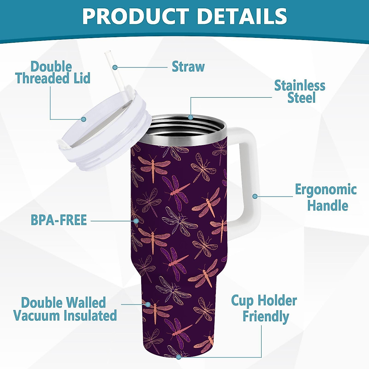 Emelivor Dark Purple Dragonflies 40 oz Tumbler with Lid and Straw Insulated Tumblers with Handle Leak Proof Coffee Tumbler Mug Large Water Bottles for Hot or Ice Coffee Tea