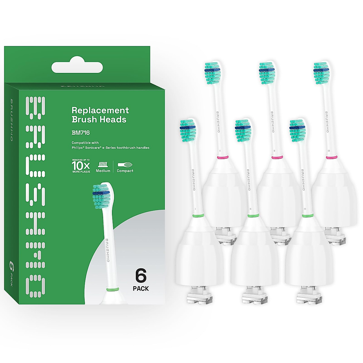 Brushmo Replacement Toothbrush Heads Compatible with Philips Sonicare E-Series Essence HX7022/66 and Other Screw-on Electric Toothbrush Models, BM716, Compact Size, 6 Pack