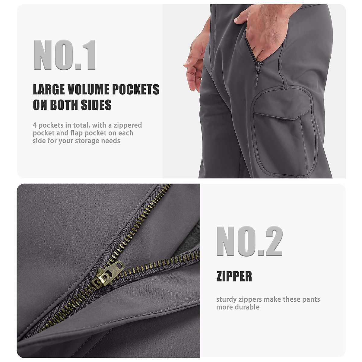 MAGCOMSEN Ski Pants Men Warm Tactical Camping Hiking Fleece Lined Waterproof Pants Gray