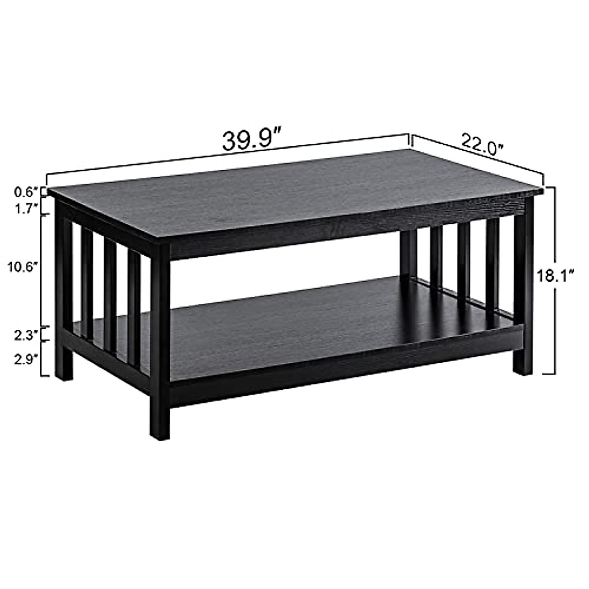 ChooChoo Mission Coffee Table, Black Wood Living Room Table with Shelf, 40 Black
