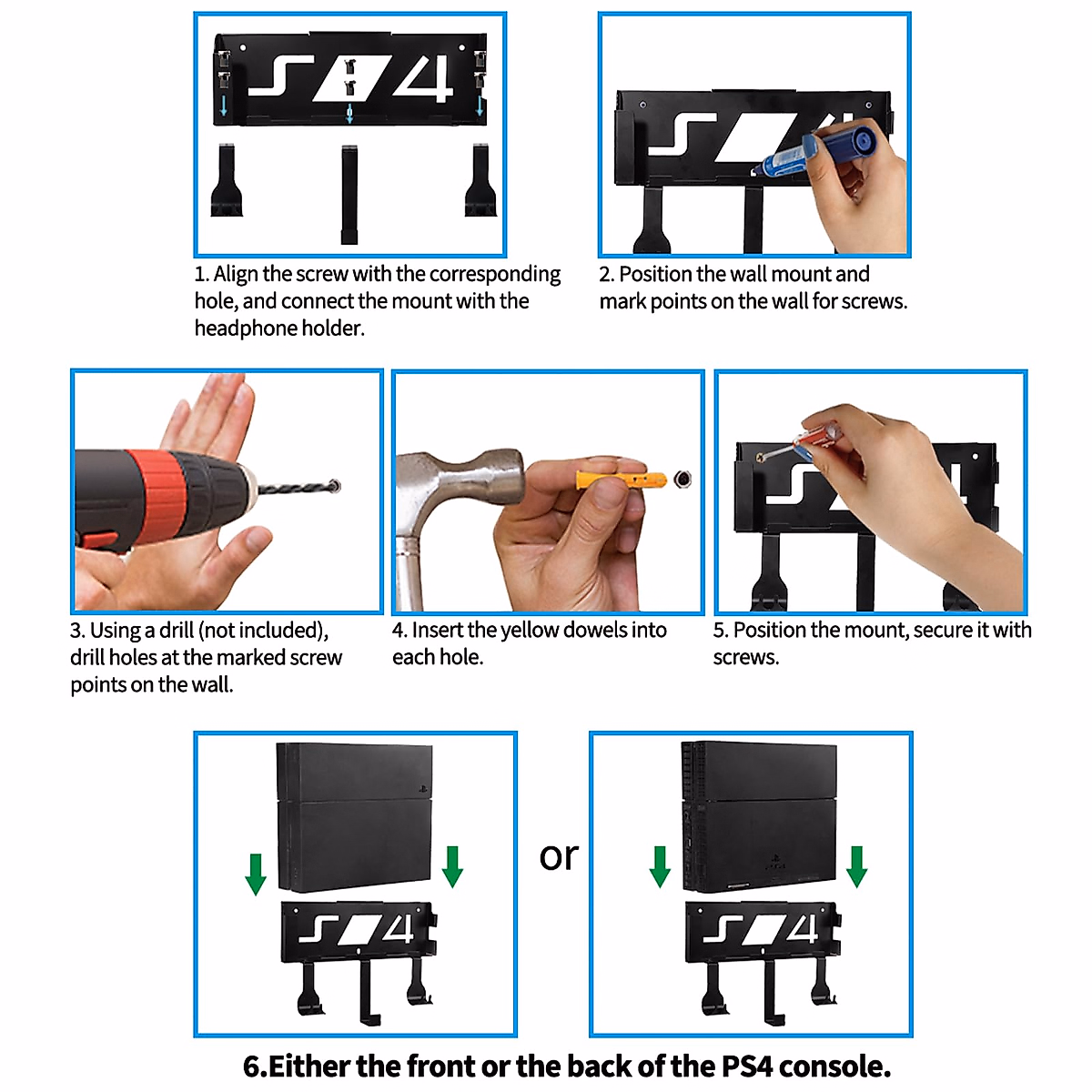 Wall Mount for PS4, Stealth Wall Mount for PS4 Original (Old Model), with Detachable 2 Controller Holder & Headphone Hanger, Mount on The Wall or on The Back of The TV
