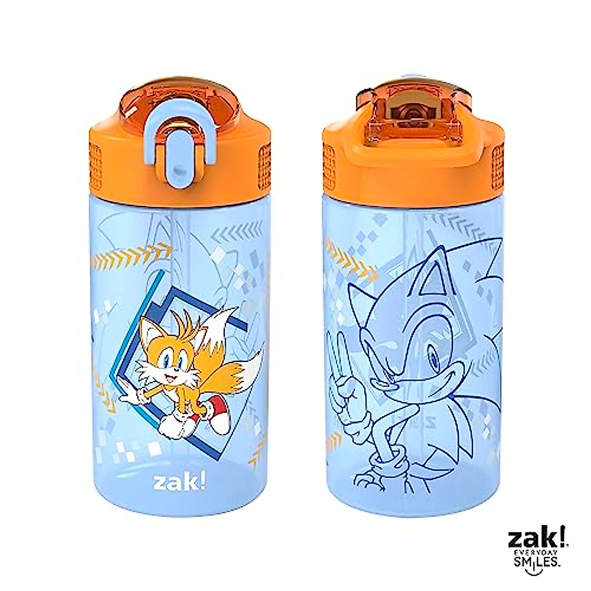Zak Designs Sonic the Hedgehog Kids Water Bottle For School or Travel, 16oz 2-Pack Durable Plastic Water Bottle With Straw, Handle, and Leak-Proof, Pop-Up Spout Cover (Sonic, Tails)