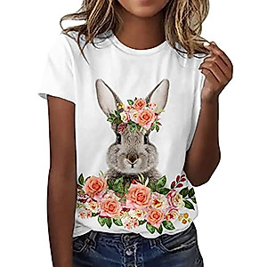 Womens Spring Summer Rabbit Printed Short Sleeve O Neck T Shirt Top Orange