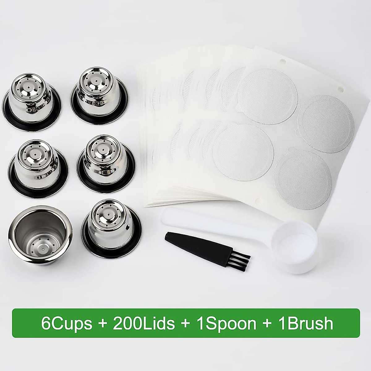 Reusable Capsules for Nespresso OriginalLine, 6pcs Refillable Espresso Pods Stainless Steel Coffee Pods Compatible for Nespresso Original Line Machines (6 Cups + 200 Lids)