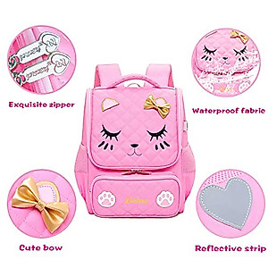 Proboths Cute Cat Face Girl's Bowknot School Backpack Kid's Bookbag Gift for Elementary Primary Student Pink