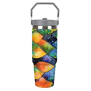 BWQJKUO Large Capacity Car Cup 30 Oz Stainless Steel Rainbow Fish Scale Printed Travel Mug Leak-proof Flip Straw Tumbler with Handle,keeps Cold Or Ho