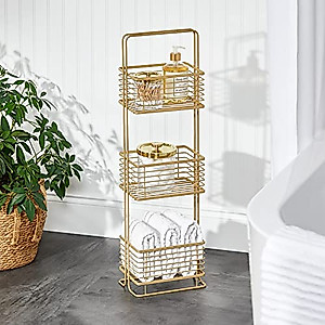 mDesign Slim Metal Wire 3 Tier Free-Standing Bathroom Shelving Unit, Small Narrow Storage Organizer Tower Rack with 3 Basket Bins - Holds Tissues, Hand Soap, Toiletries - Soft Brass