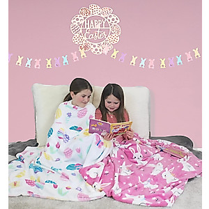 Spring Fleece Throw Blanket: Spring Bunnies and Flowers, Soft Cozy Velvet Fleece, Pink Blue White, 50" x 60" Inch for Girls and Boys (Spring Bunny)