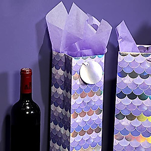 MAYPLUSS Gift Bags Set - 4 Pack - Purple & Silver Fish Scales With Purple Tissue Paper for Mermaid Party, Birthday, Wedding and more
