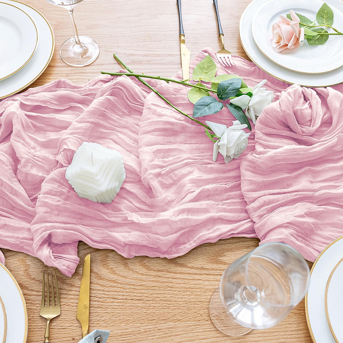 Wokceer Cheesecloth Table Runner Thanksgiving 10FT Blushing Pink Boho Gauze Cheese Cloth Table Runner for Party Long Rustic Sheer Table Runners for Baby Bridal Shower Wedding Easter Table