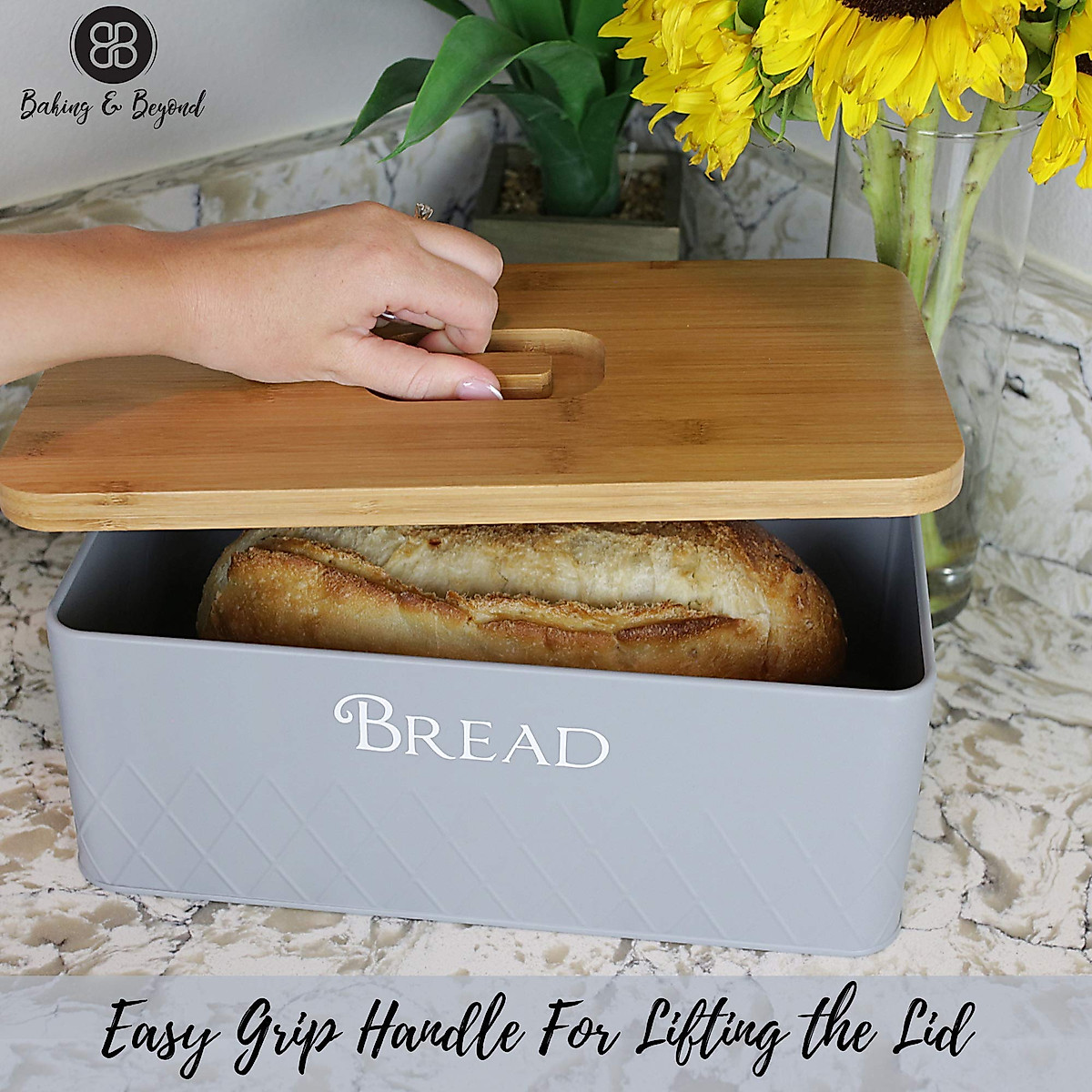 Baking & Beyond Bread Box with Bamboo Cutting Board Lid, 13"x7.5"x5" Space-Saving Bread Box for Kitchen Countertop, Bread Storage Container Holder, Bread Keeper Bin - Fresh Loaves, Black