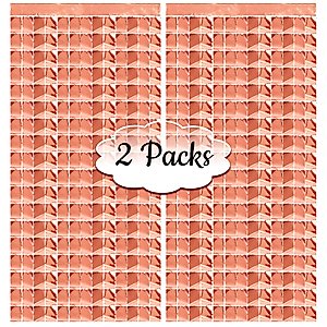 2 Packs 3.3x6.6 Feet Foil Fringe Curtains, UNIIDECO Metallic Rose Gold Birthday Square Sequin Tinsel Photobooth Photo Backdrop, Bridal Wedding Engagement Bachelorette Party Decorations Streamers