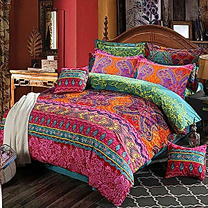 NANKO Queen Duvet Cover Set Boho Red and Green Colorful Vintage Striped Print 3pc 90 x 90 Luxury Soft Microfiber Down Comforter Quilt Bedding Cover with Zipper Ties - Bohemian Exotic for Men and Women