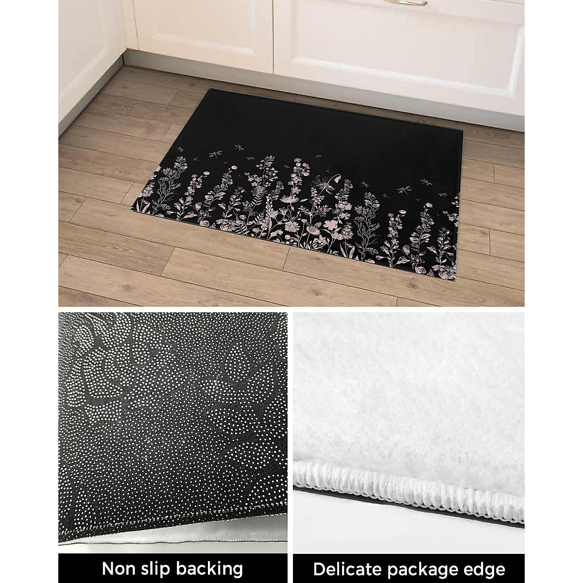 Black Flower Plush Rug Non Slip Bath Mat, Soft Shaggy Long Fur Fuzzy Bath Rugs 16" x 24" Vintage Floral Aesthetic Leaves Dragonfly Carpet Mat for Bathroom Shower Home
