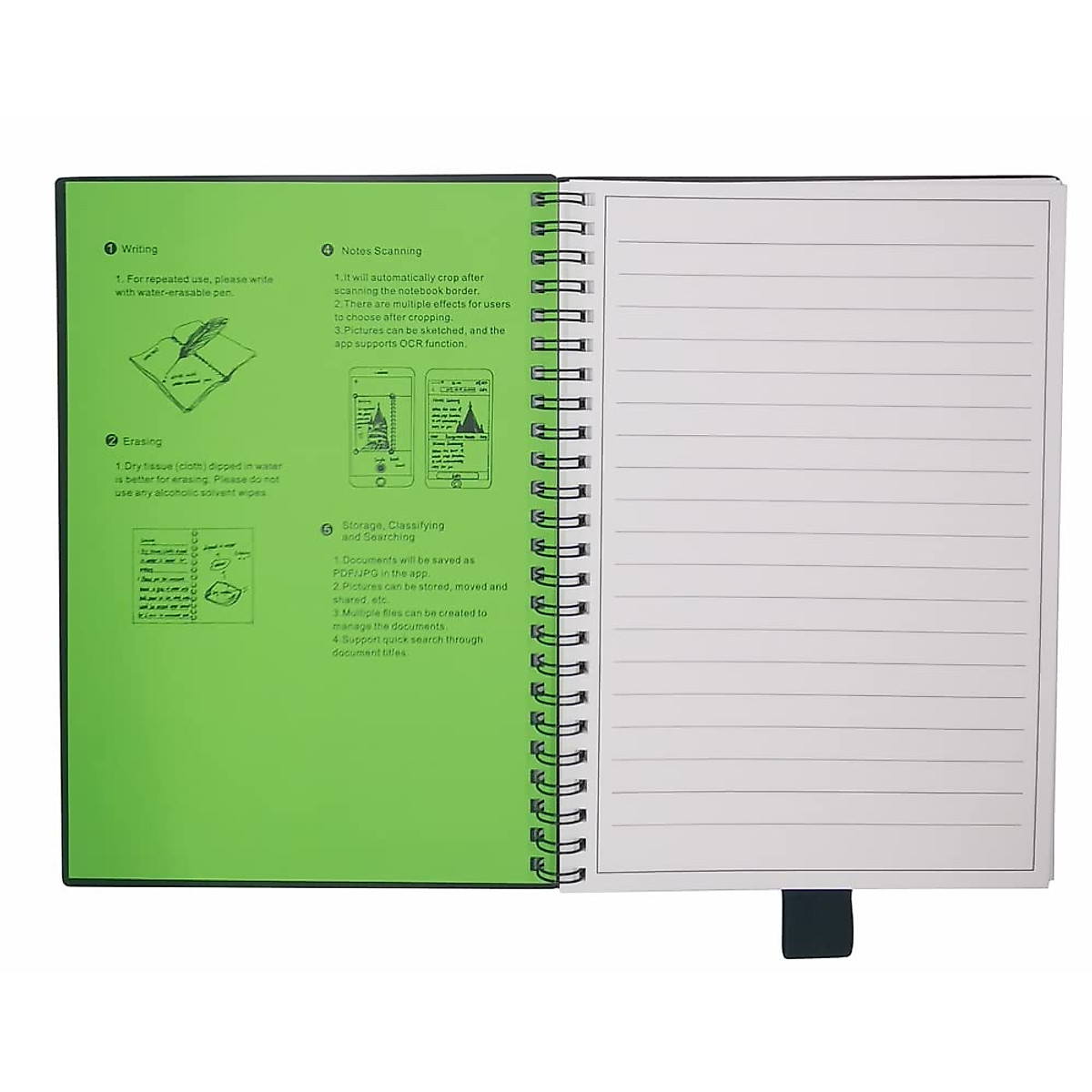 GOTTOWOW Reusable Smart Erasable Notebook, Heat Wet Erase, Waterproof, Wire bound Notebook, Spiral Notebook, Wide Ruled Paper, Blank Paper, Erasable Pen, Cloud Storage, 62 Pages, A5 (black 1)