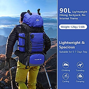 Unineovo 90L Hiking Backpack for Women Men, Waterproof Camping Essentials Bag with Rain Cover, 90 Liter Lightweight Backpacking Back Pack -No Frame (Light Blue)