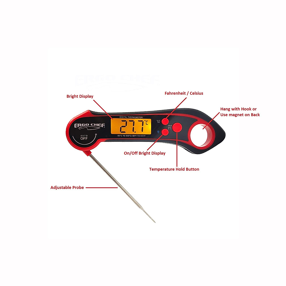 Ergo Chef Digital Instant Read Meat Thermometer- Foldable Probe, Water-Resistant, Backlight, Indoor and Outdoor - Magnet, BBQ, Smoking, Grilling, Deep Fry, Baking & Liquids
