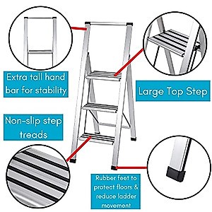 BirdRock Home 3-Step Slim Aluminum Step Ladder - Sturdy Thin Folding Stool - 3 Anti-Slip Steps - Wide Platform - Great for Your Kitchen, Pantry, Closets, or Home Office - Indoor Stool - Silver