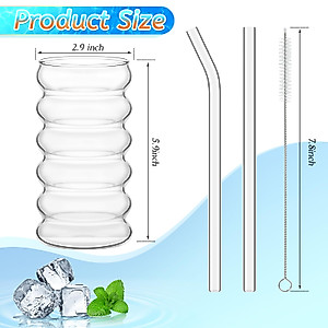 Tessco 4 Pcs Creative Glass Cups Vintage Drinking Glasses Ribbed Glassware Aesthetic Cups Entertainment Dinnerware Glassware with Straws Set for Kitchen Coffee Juice Beverage (Clear,16 oz)