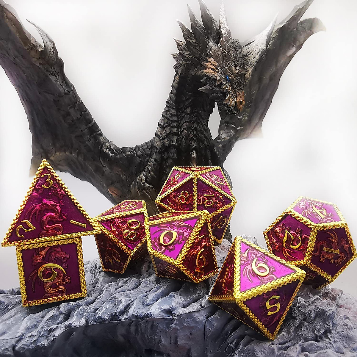 MJDICEOK Metal Dragon DND Dice Set 7 Role Playing Dice D&D Solid Dice Golden Purple