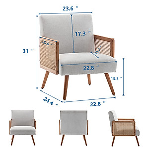 SHINEBOOM Accent Chair with Rattan Arms, Upholstered Mid Century Modern Chair for Bedroom Living Room Reading Chairs Rattan Armchair, Linen Comfy Lounge Chairs Side Chair, Beige