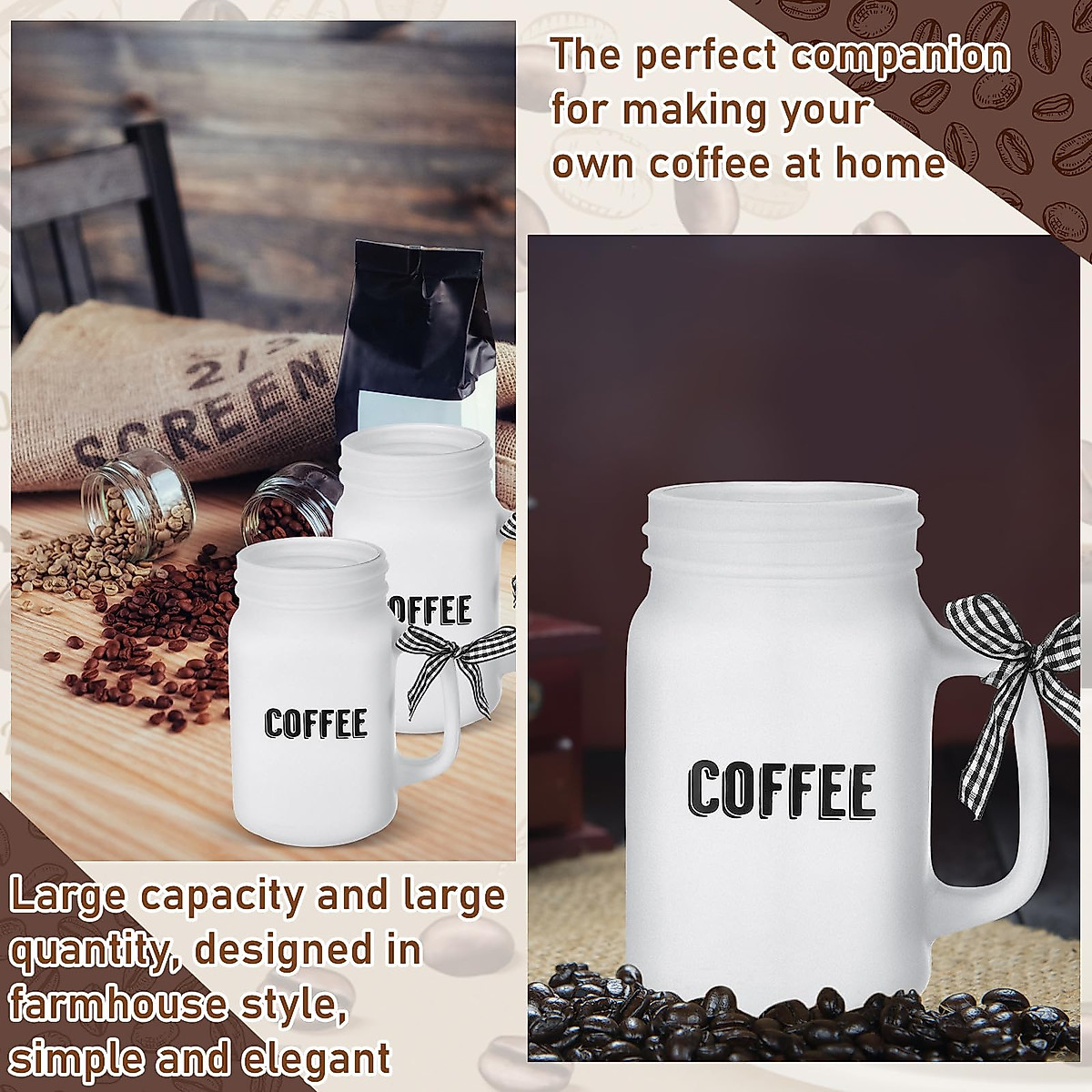 Dandat 6 Set of Matte White Mason Jar Coffee Cups 16 oz Farmhouse Mason Jar Mugs with Handles Coffee Drinking Glasses with Ribbon for Cold Coffee Beverages Cocktails Sodas Juice Decoration Storage