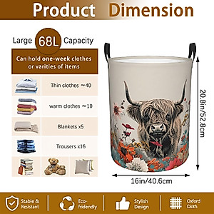 Highland Cow with Flowers Laundry Basket,Waterproof Laundry Hamper,Collapsible Organizer Basket for Storage Bin Toy Bins, Dirty Clothes Laundry Basket for Living Room/Bathroom/Bedroom