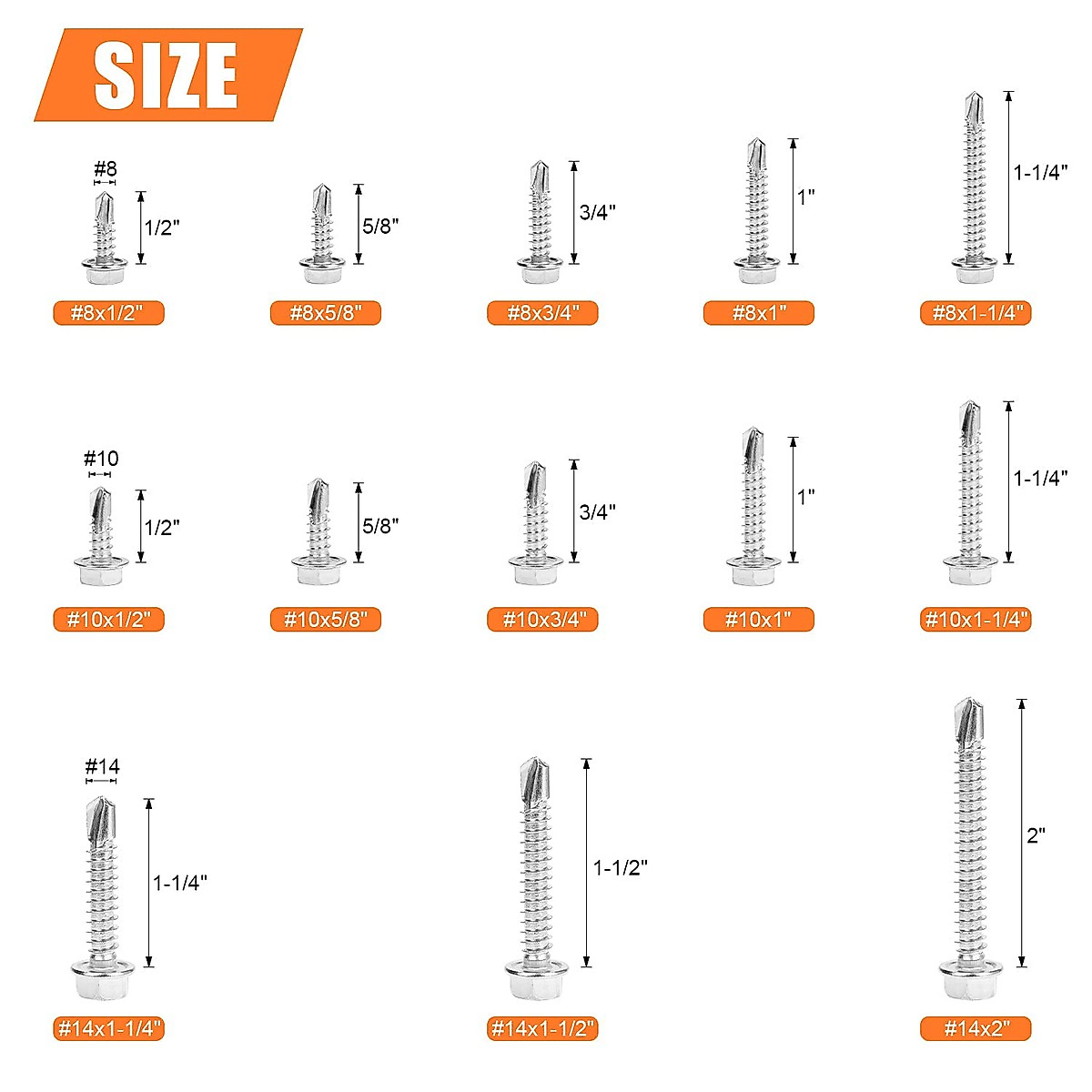 HELIFOUNER 320 Pieces #8#10#14 Hex Washer Head Self Drilling Sheet Metal Screws Assortment Kit, 410 Stainless Steel