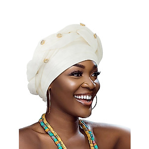 Woeoe Women African Turban Pre-Tied Twisted Beanie Cap Headwear Rhinestone Soft Stretchy Head Turbans (White)