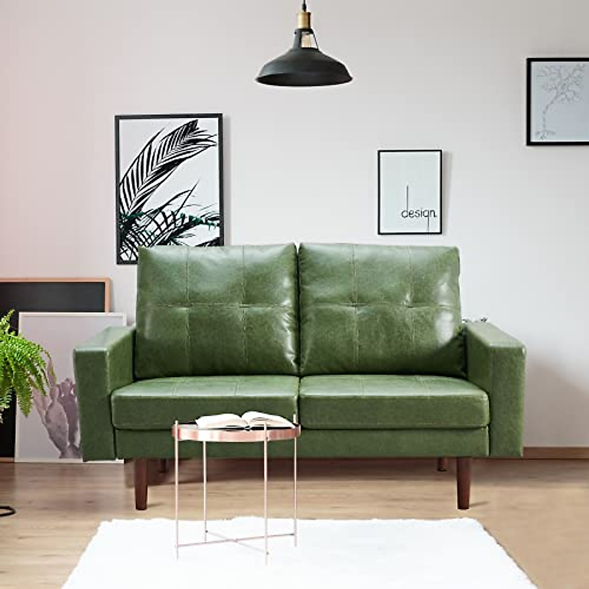 Loveseat Sofa Couch, Pu Leather Modern Couch For Living Room With High-Density Foam Cushion, Accent Love Seat Sofa With Spacious Seat Comfy Futon Couch With Solid Wood Legs For Bedroom, Office (Green)