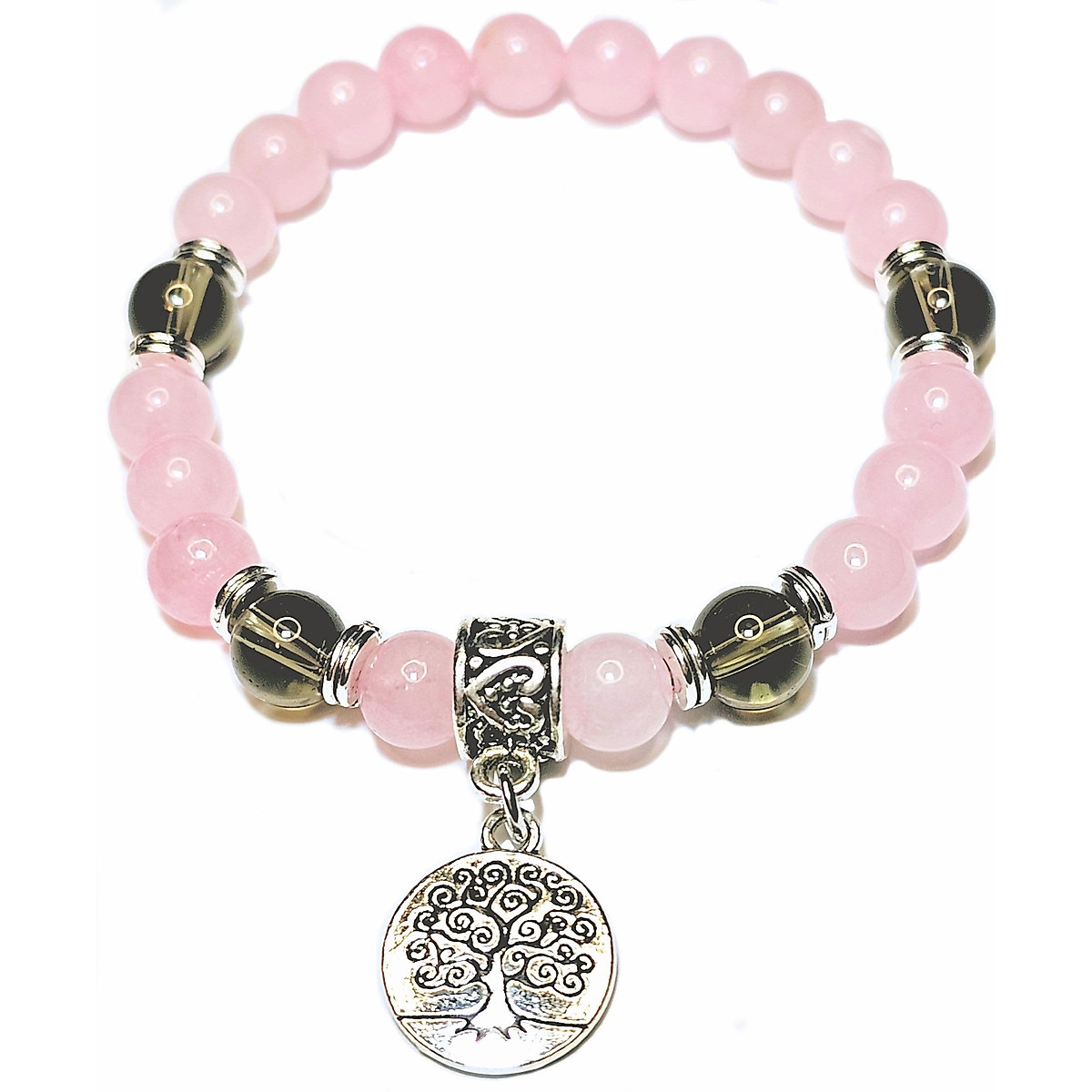 Heart Healing Bracelet with Charm Natural Semi-Precious Stone Beads Rose Quartz + Smoky Quartz Tree of Life Handmade Bracelet USA HANDMADE