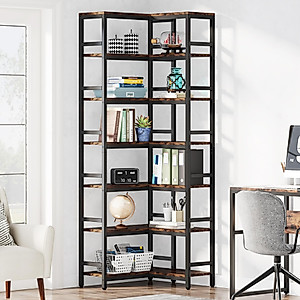 Tribesigns 78.74” Tall Corner Shelf, 7 Tier Industrial Corner Bookcase Storage Display Shelves for Living Room Home Office, Rustic Brown