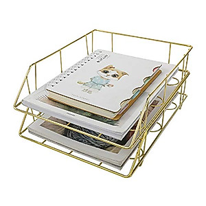 PAG Metal Stackable Letter Tray Desktop File Organizer Paper Holder Rack, 2 Pack, Gold