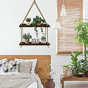 Iwaiting Outdoor Hanging Shelves for Wall, 2 Tier Antique Wood Floating Hanging Shelf with Handmade Twine Weaving Process, Suitable for Bedroom Living Room Bathroom Hanging Window Plant Shelves Decor