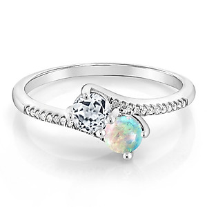 Gem Stone King 10K White Gold Forever United 2 Stone White Topaz and White Simulated Opal and Diamond Engagement Ring For Women (0.75 Cttw, Round, Avaiable in Size 5,6,7,8,9)