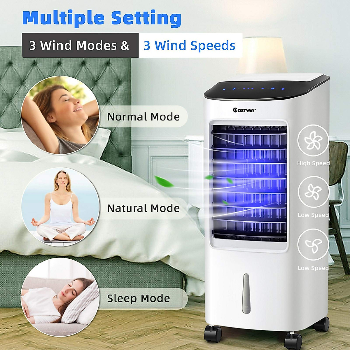 COSTWAY Evaporative Cooler, Portable Cooling Fan with Remote Control, 3-Mode, 3-Speed and 7.5H Timer Function, Include Ice Crystal Boxes, Casters and Water Tank, Bladeless Cooler for Home Office