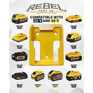 RebelToolCo Battery Holder Wall Mount (6 Pack) Battery Holder Mounts. Compatible with 20V & 60V DeWalt Cordless Batteries. Tool Holder Storage Organizer for Battery, Accessories, & Tool Organization.