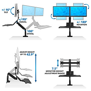 Mount-It! Dual Monitor Sit Stand Workstation with Gas Spring Arm | Height Adjustable Standing Desk Converter | 2 Integrated USB 3.0 Ports | VESA 75 100 | C-Clamp and Grommet Base