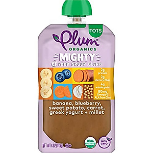 Plum Organics | Mighty Food Group Blend | Organic Baby Food Meals [12+ Months] | Banana, Blueberry, Sweet Potato, Carrot, Greek Yogurt & Millet | 4 Ounce Pouch (Pack Of 6) Packaging May Vary