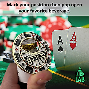 Luck Lab Set of 3 Metal Bottle Opener Poker Buttons - Dealer Button, Big Blind and Small Blind Metal Weights (Position Markers) for Texas Hold Em - 2 inch