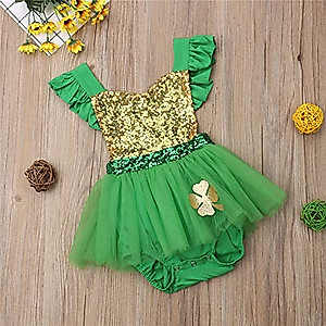 Newborn Baby Girls 1st ST Patrick's Day Green Sequin Romper Dress Ruffled Halter Bodysuit Tutu Dress 0-24M (6-12M, Green)