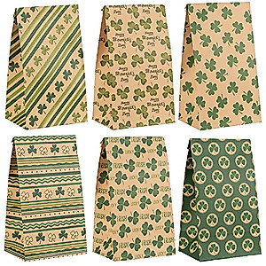 Whaline 60 Pack St. Patrick's Day Paper Gift Bags Kraft Shamrock Candy Treat Bags 6 Design Rustic Irish Flat Party Favor Bag Goodie Present Bag for Party Snack Cookie Craft Gift Wrapping Supplies