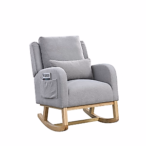 Rocking Chair Nursery with Pillow, Nursery Rocking Chairs in Teddy Fabric with Wingback & Armrest, Built-in 2 Side Pockets, Comfy Nursery Glider Nursing Chair Armchair for Living Room, Bedroom, Grey